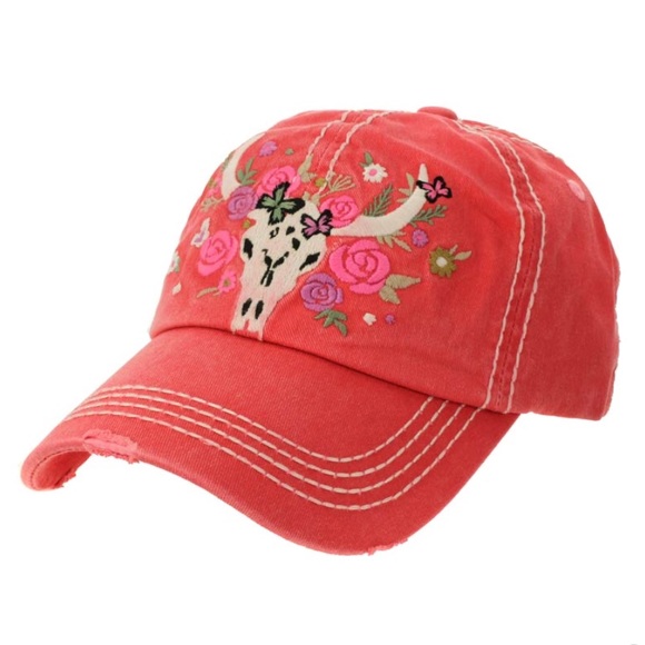 Accessories | Floral Cow Skull Vintage Style Cotton Ball Cap | Poshmark